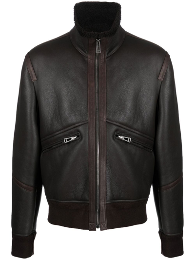 Belstaff Shearling Collar Leather Jacket In Brown | ModeSens