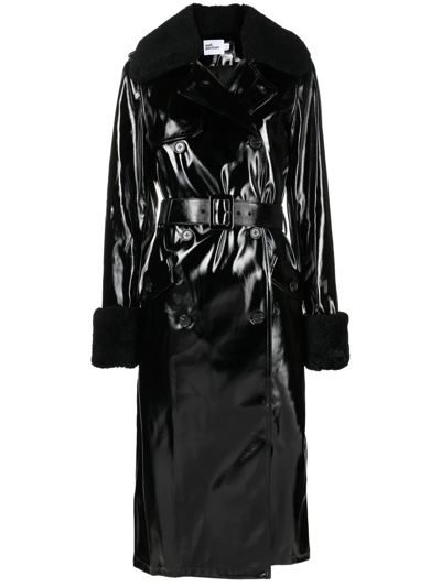 Self-portrait Shearling-trimmed Patent Faux-leather Coat In Black ...