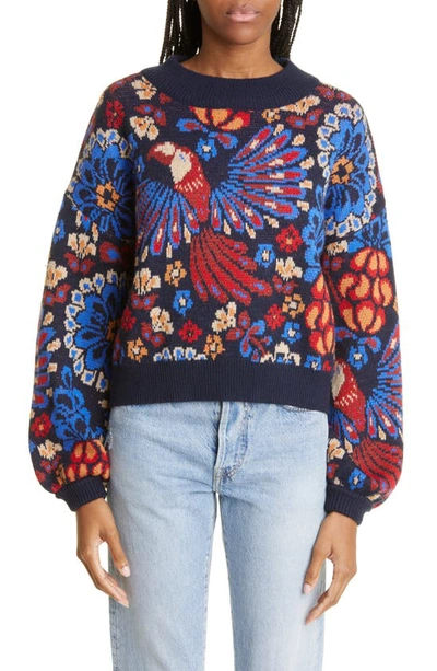 Farm Rio Pineapple Flowers Jacquard Blouson Sleeve Sweater In Multi ...