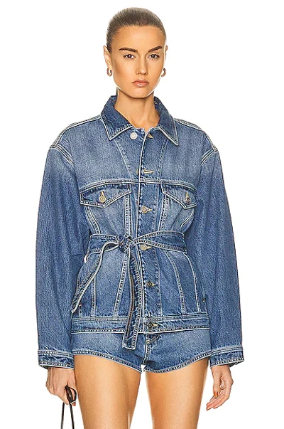 Alaïa Wrap-around Waist Washed Denim Long Shirt Jacket In Blue | ModeSens