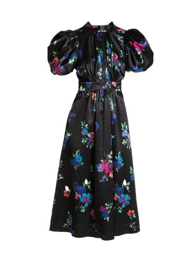 Rotate Birger Christensen Floral-print Puff-sleeve Midi Dress In Black ...