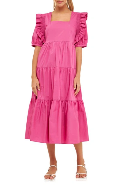English Factory Ruffle Puff Sleeve Tiered Midi Dress In Berry | ModeSens
