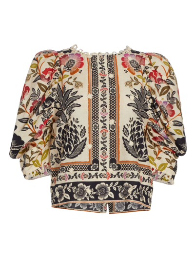 Farm Rio Romantic Garden Printed Puff Sleeve Blouse In White | ModeSens