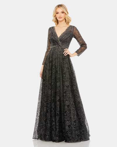 Mac Duggal Embellished Illusion Long Sleeve V Neck Gown In Chocolate