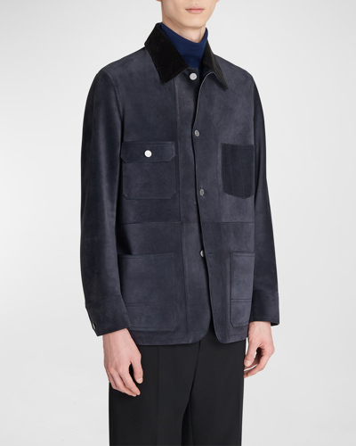 Berluti Men's Corduroy Collar Suede-leather Jacket In Cold Night Blue ...
