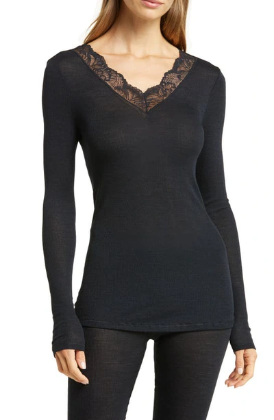 Hanro Woolen Lace Three Quarter Sleeve Top In Black | ModeSens