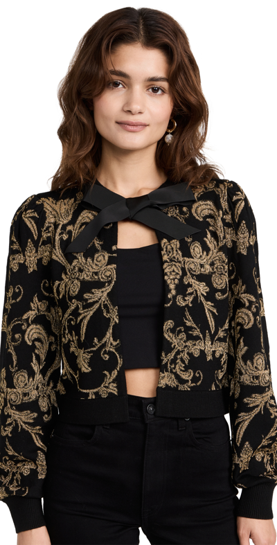 Alice And Olivia Kitty Baroque-print Puff-sleeve Cardigan In Black Gold ... Alice And Olivia Kitty Baroque-print Puff-sleeve Cardigan In Black Gold ...