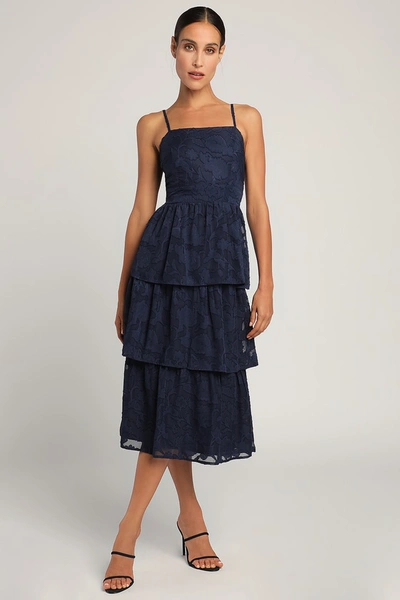 Lulus Grace And Beauty Navy Blue Burnout Floral Print Tiered Dress | ModeSens