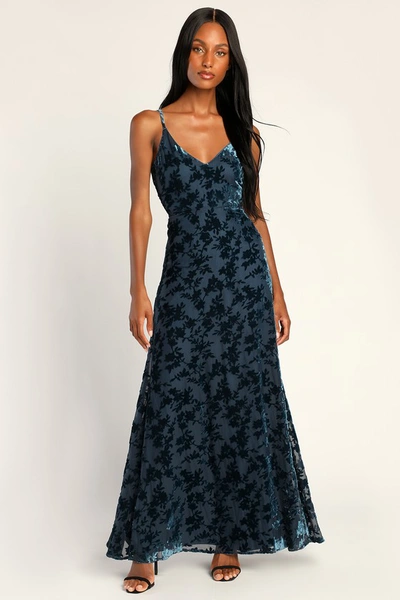 Lulus Maximum Elegance Navy Blue Burnout Velvet Maxi Dress | ModeSens