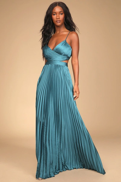 Lulus Got The Glam Teal Pleated Cutout Maxi Dress | ModeSens