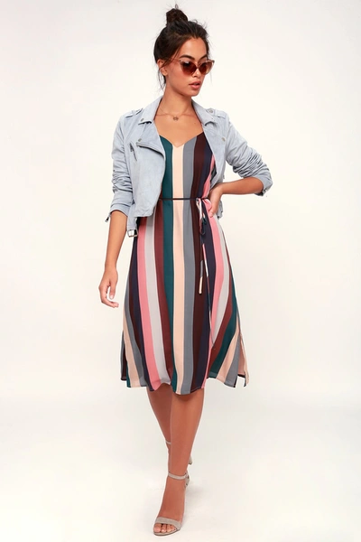Lulus Erina Mauve Multi Stripe Belted Midi Slip Dress | ModeSens