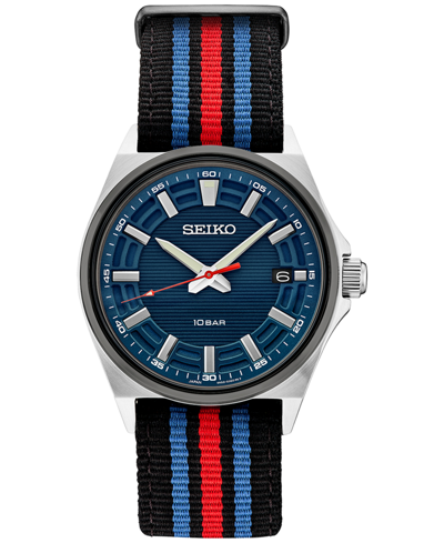 Seiko Men's Analog Essentials Black, Blue & Red Striped Nylon Strap ...