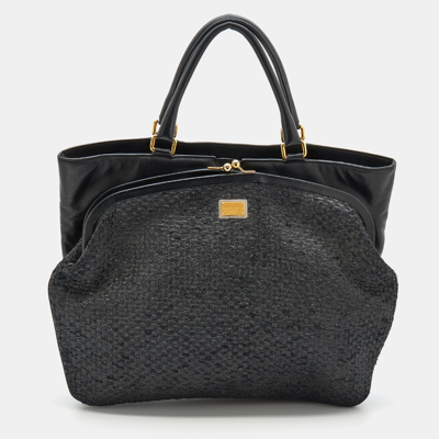 Pre-owned Dolce & Gabbana Black Woven Raffia And Leather Kiss Lock Tote ...