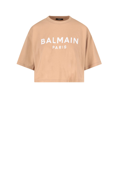 Balmain Top Crop Logo In Camel/rose Pâle | ModeSens