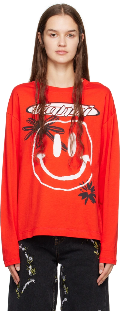Ganni Smiley Face Graphic Cotton Long Sleeve T-shirt In Red | ModeSens Ganni Smiley Face Graphic Cotton Long Sleeve T-shirt In Red | ModeSens