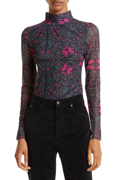 Ted Baker Kamill Semisheer Butterfly Print Mock Neck Mesh Top In Blue ...