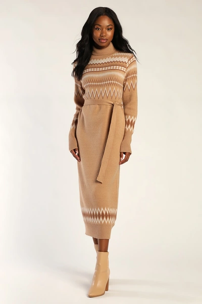 Lulus Chilly Forecast Tan Multi Knit Turtleneck Sweater Midi Dress | ModeSens