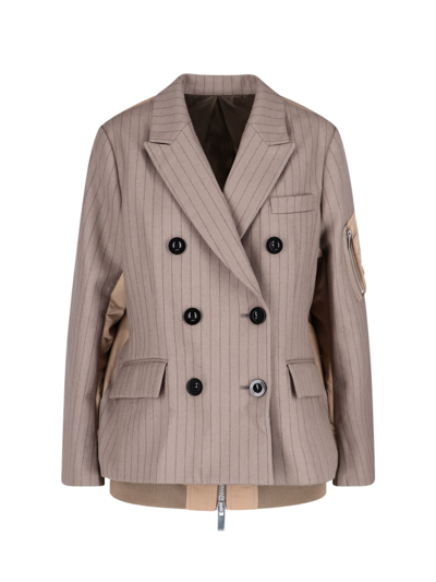 Sacai Double-breasted Pinstriped Wool-twill And Shell Jacket In Neutral ...