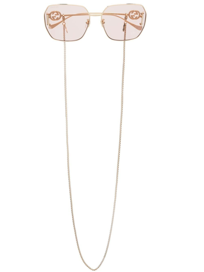 Gucci Neck-chain Logo-plaque Sunglasses In Gold | ModeSens