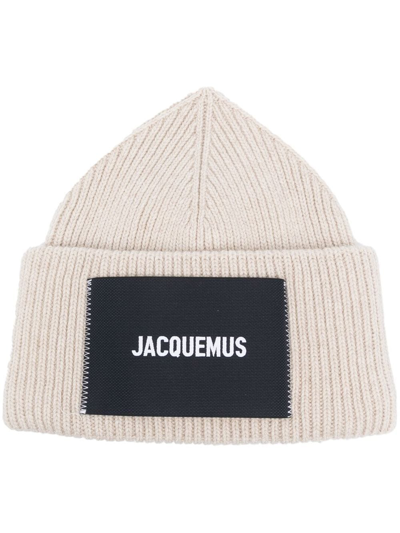 Jacquemus Le Bonnet Brand-patch Wool-blend Knitted Beanie Hat In Beige ...
