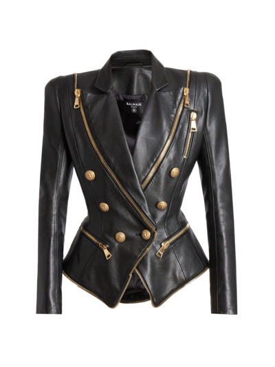 Balmain Zip Detail Leather Biker Jacket In Black | ModeSens
