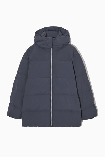 Cos Short Hooded Puffer Coat In Blue | ModeSens