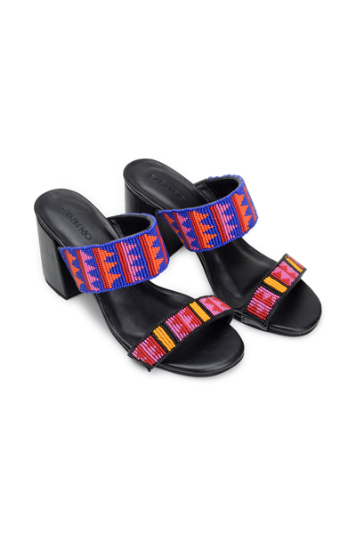 Farm Rio Black Beaded Block Heel Slide Sandal | ModeSens