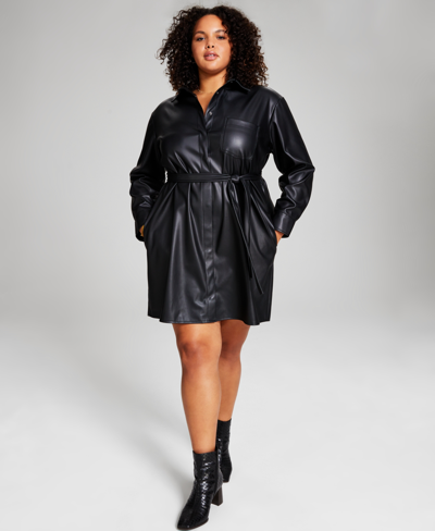 And Now This Trendy Plus Size Faux-leather Shirt Dress In Black | ModeSens