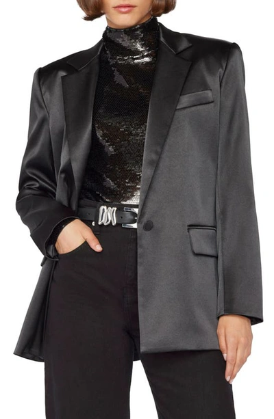 Frame Strong Shoulder Satin Blazer In Noir | ModeSens