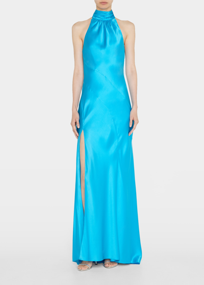 Cinq À Sept Reem Bias-cut Draped-back Halter Silk Gown In Blue | ModeSens