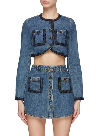 Self-portrait Crystal Embellished Braid Trim Cropped Denim Jacket In ...