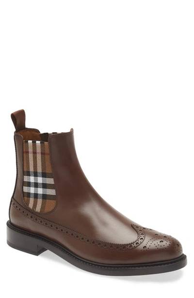 Burberry Tanner Check Brogued Chelsea Boot In Deep Bark Brown | ModeSens