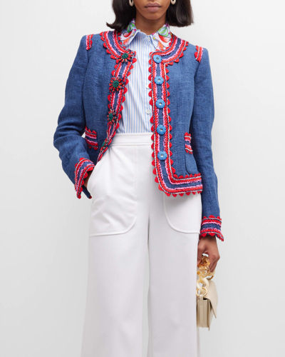 Maison Common Crystal Floral Snap-front Linen Jacket In Blue | ModeSens