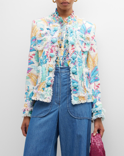 Maison Common Palm-print 4-pocket Tweed Jacket In Floral Palm | ModeSens