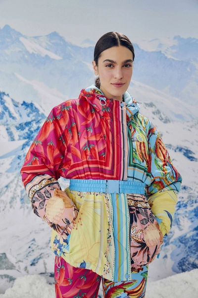 Farm Rio Mixed Scarves Ski Puffer Jacket In Neutral | ModeSens