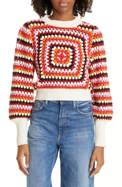 Farm Rio Stripe Blouson Sleeve Crochet Sweater In Multi | ModeSens