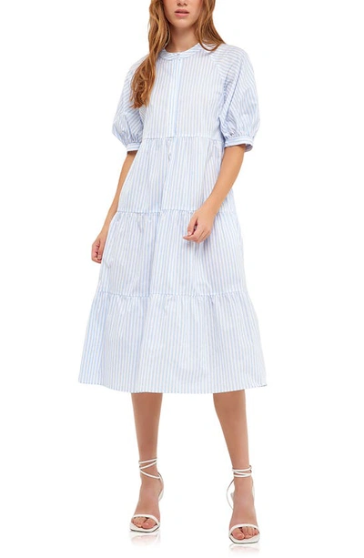 English Factory Short Puff Sleeve Midi Dress In Powder Blue Stripe ...