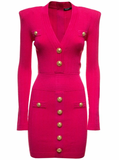 Balmain Button-embellished Ribbed Knit Mini Dress In Rose Fuchsia ...