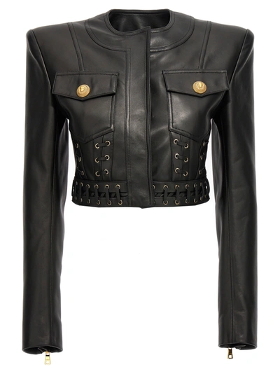 Balmain Eyelet-embellished Cropped Leather Jacket In Black | ModeSens