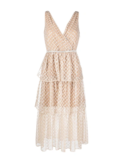 Self-portrait Tan Grid Sequin Tiered Midi Dress In Nude & Neutrals ...