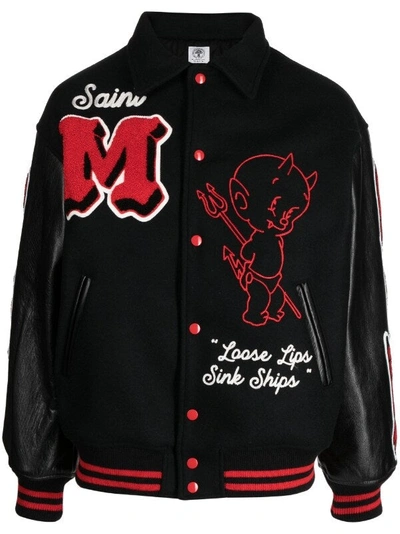 Saint Michael Wool & Leather Varsity Jacket W/patches In Black | ModeSens