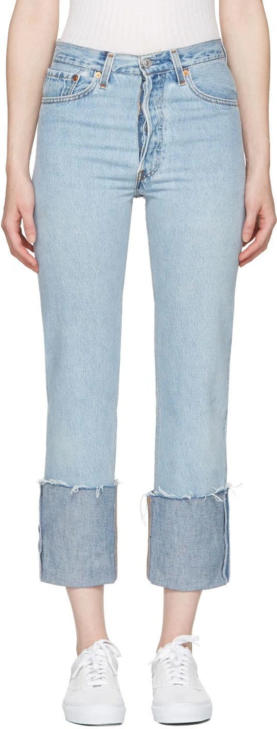 Re/done High Rise Straight Leg Blue Jeans With Turned Up Cuffs | ModeSens