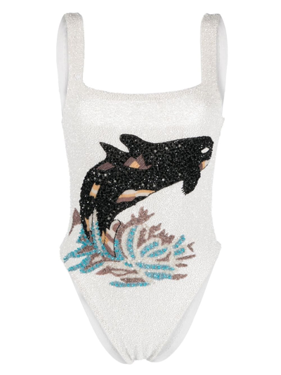 Oceanus White Marina Crystal Embellished Swimsuit | ModeSens