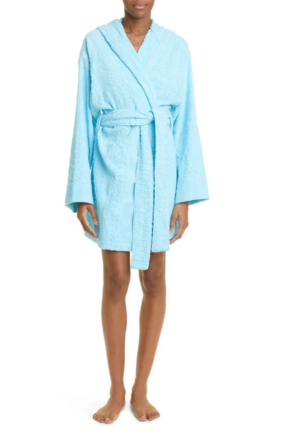 Versace Seashell Baroque Hooded Short Bath Robe In Azur | ModeSens