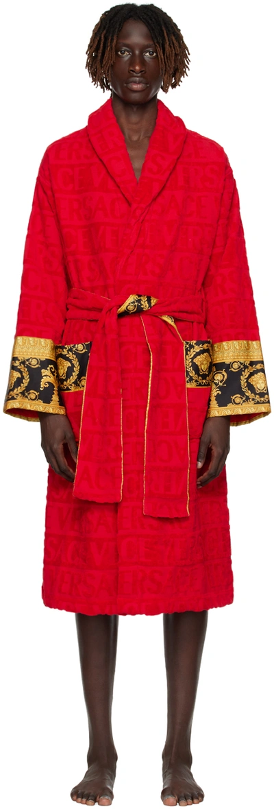 Versace I Love Baroque Logo-jacquard Cotton Bathrobe In Red | ModeSens