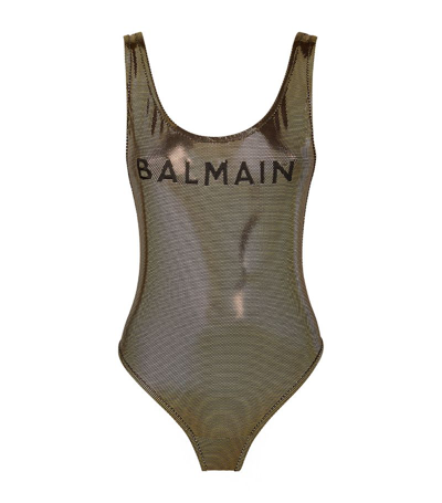 Balmain Micro Sequined Logo One Piece Swimsuit In Silver | ModeSens