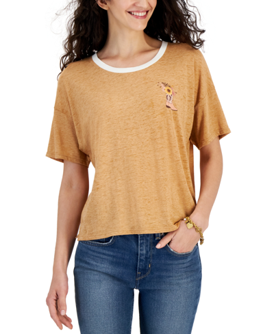Hippie Rose Juniors' Graphic Ringer Short-sleeve T-shirt In Tan Cowboy ...