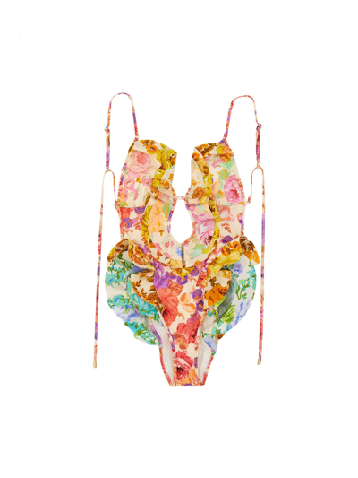 Zimmermann Raie Waterfall Frill One Piece Swimsuit In Multicolor Modesens