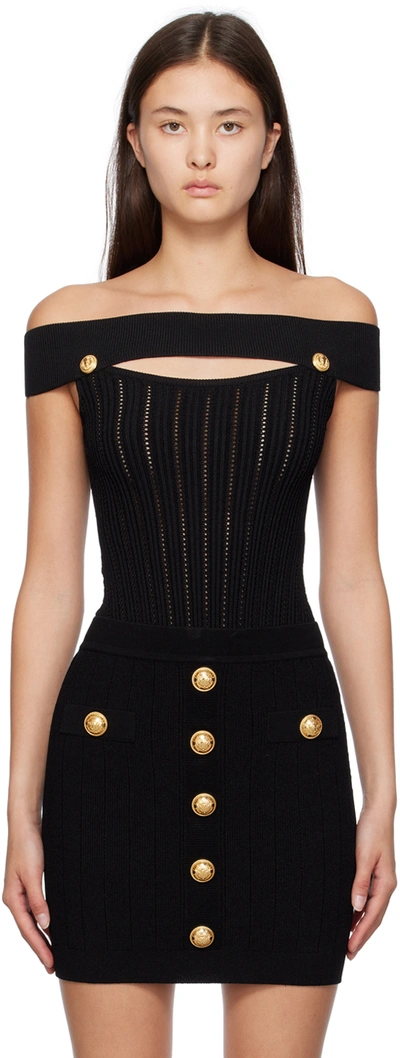 Balmain Off-the-shoulder Cutout Pointelle-knit Bodysuit In Black | ModeSens