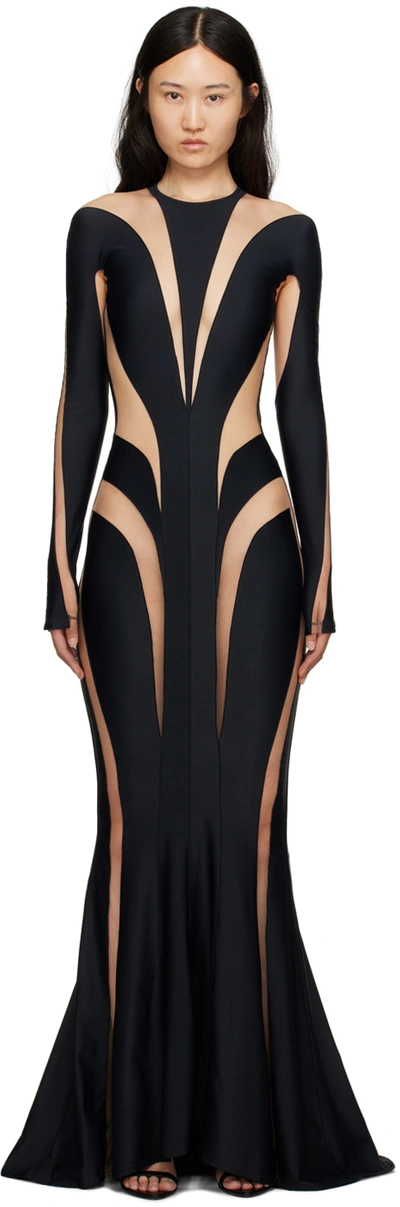 Mugler Cut Out Flared Maxi Dress In Black Modesens